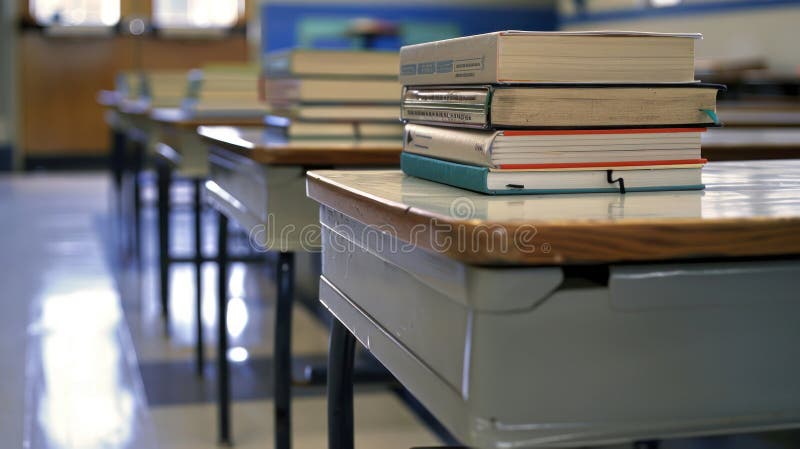 A Row of Clean, Empty School Desks with Books Neatly Stacked on Top ...