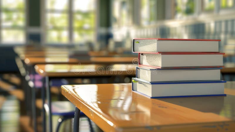 A Row of Clean, Empty School Desks with Books Neatly Stacked on Top ...