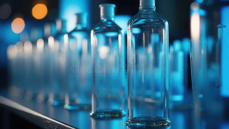 Row of Clear Bottles on a Counter Stock Photo - Image of chemical ...