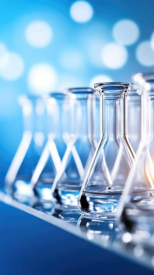 Row of Clear Laboratory Flasks Against a Blurred Blue Background in a ...