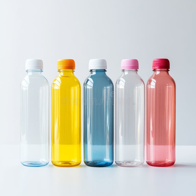 A Row of Clear Plastic Bottles with Different Colored Lids Stock ...