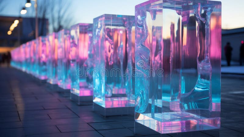 A Row of Clear Rectangular Objects with Blue and Pink Lights Stock ...