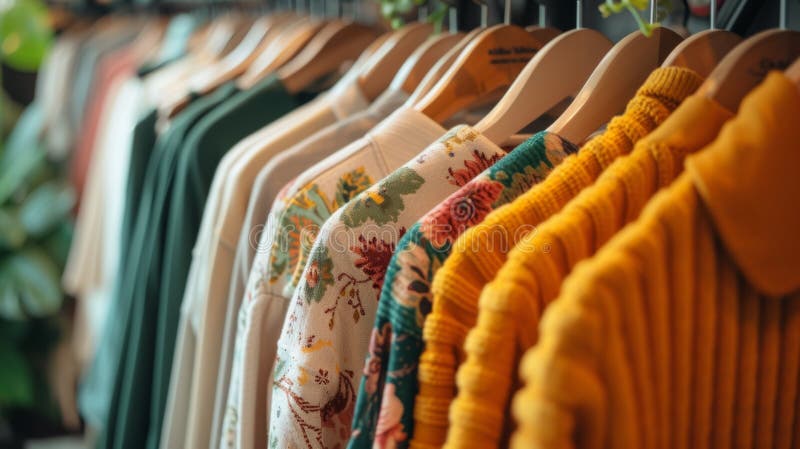 A Row of Clothes Hanging on Wooden Hangers in a Store, AI Stock ...