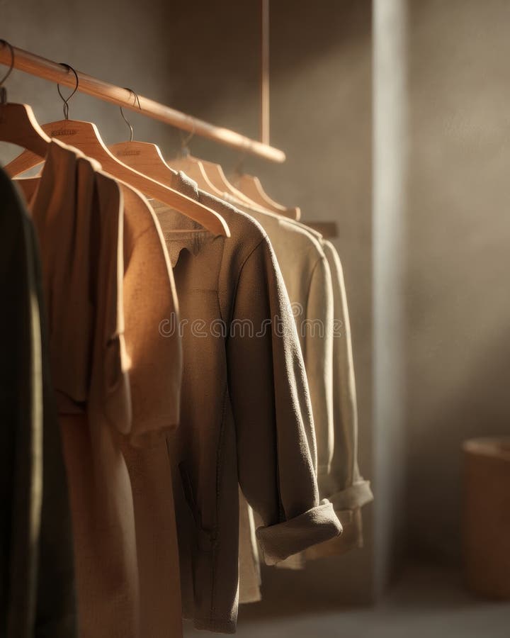 A Row of Clothes Hanging on a Wooden Rack in a Room Stock Image - Image ...