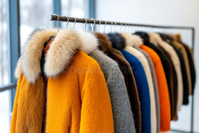 A Row of Coats Hanging on a Rack in a Clothing Store Stock Photo ...