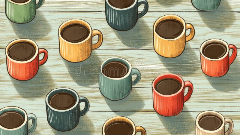 A Row of Coffee Cups with Different Colors and Sizes Stock Illustration ...