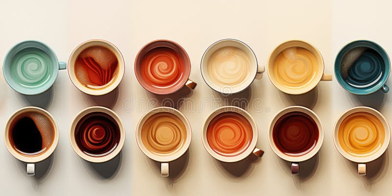A Row of Coffee Cups with Different Colors in Them. Stock Photo - Image ...