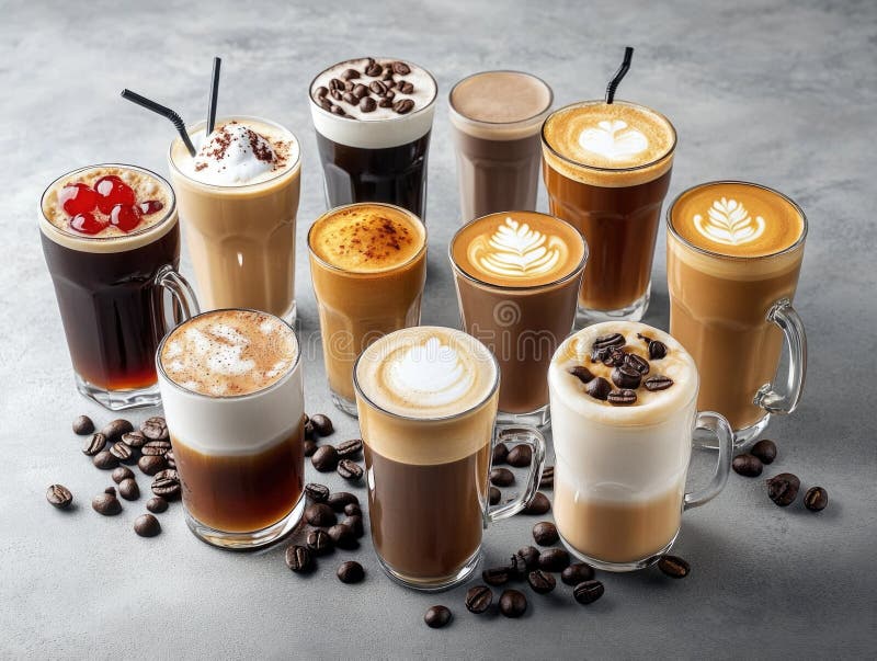 A Row of Coffee Cups with Different Flavors and Toppings Stock Image ...