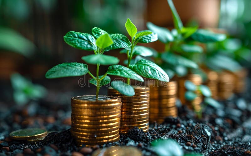 A Row of Coins and Plants are Growing Together Stock Photo - Image of ...