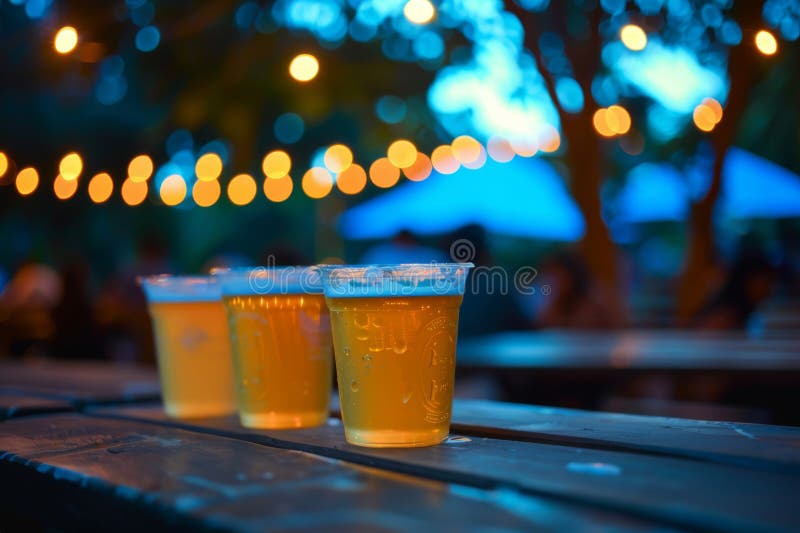 Row of Cold Beer in Plastic Cups on a Bar Counter, Illuminated by ...