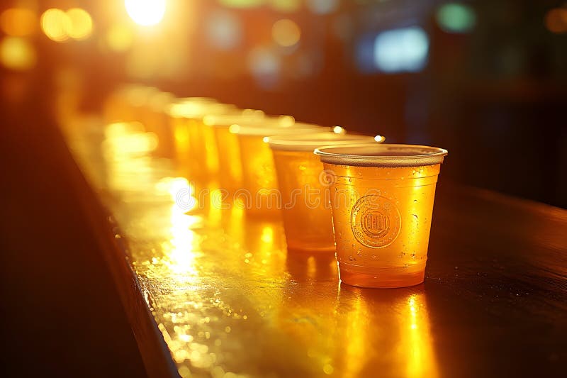 Row of Cold Beers in Plastic Cups on Bar Counter at Sunset Stock Image ...