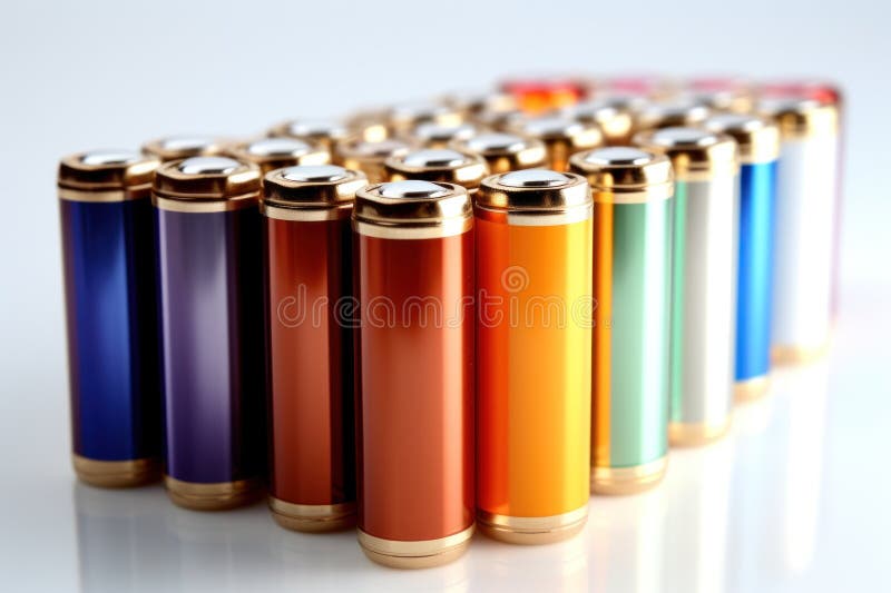Row of Colored Batteries on White Surface Stock Image - Image of charge ...