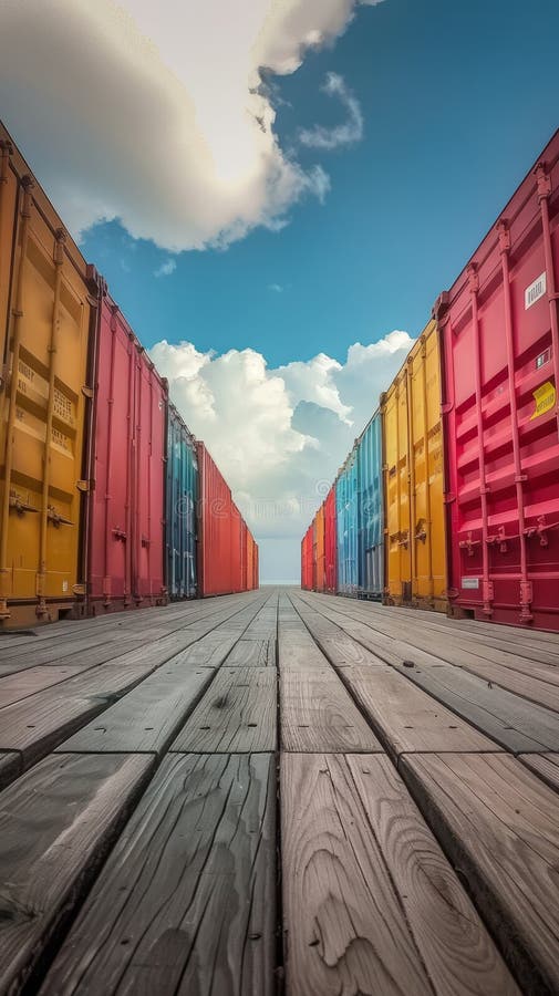 Row of Colored Cargo Containers on Both Sides on a Sunny Day, Cargo ...