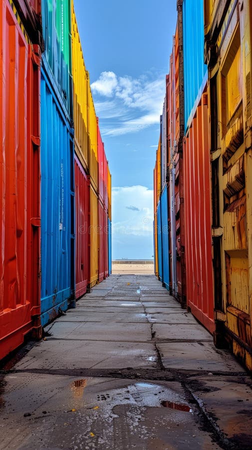 Row of Colored Cargo Containers on Both Sides on a Sunny Day, Cargo ...