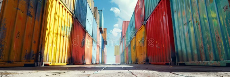 Row of Colored Cargo Containers on Both Sides on a Sunny Day, Cargo ...