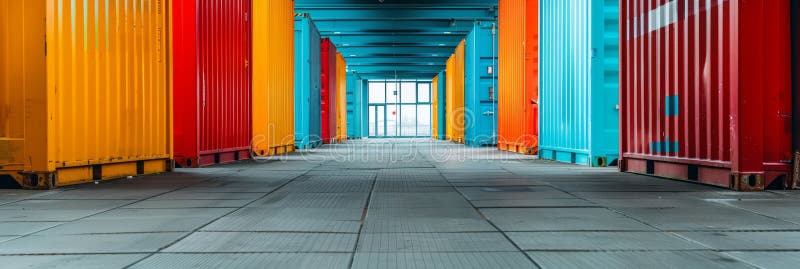 Row of Colored Cargo Containers on Both Sides on a Sunny Day, Cargo ...
