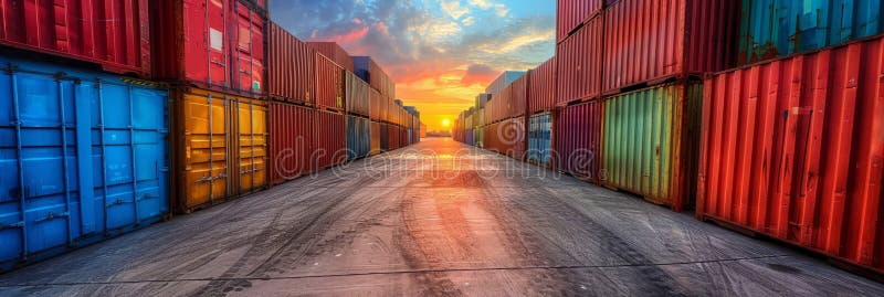 Row of Colored Cargo Containers on Both Sides at Sunset, Cargo ...