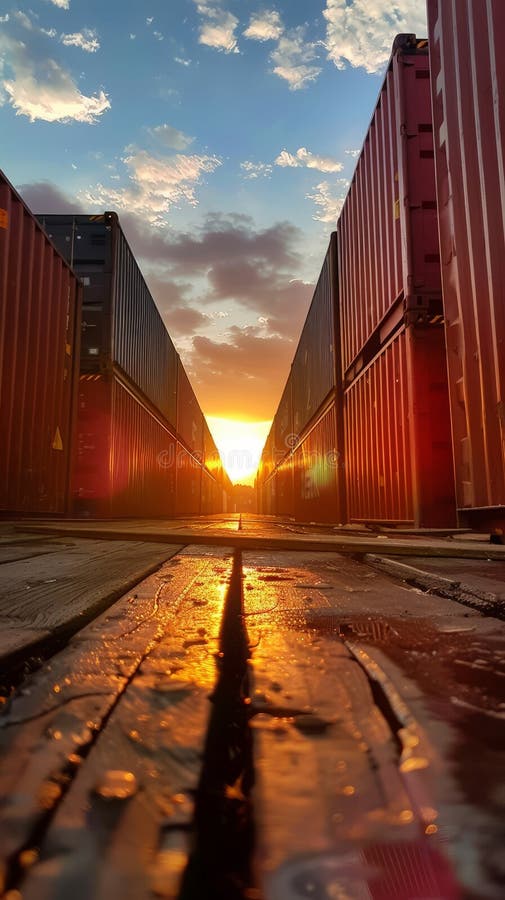 Row of Colored Cargo Containers on Both Sides at Sunset, Cargo ...