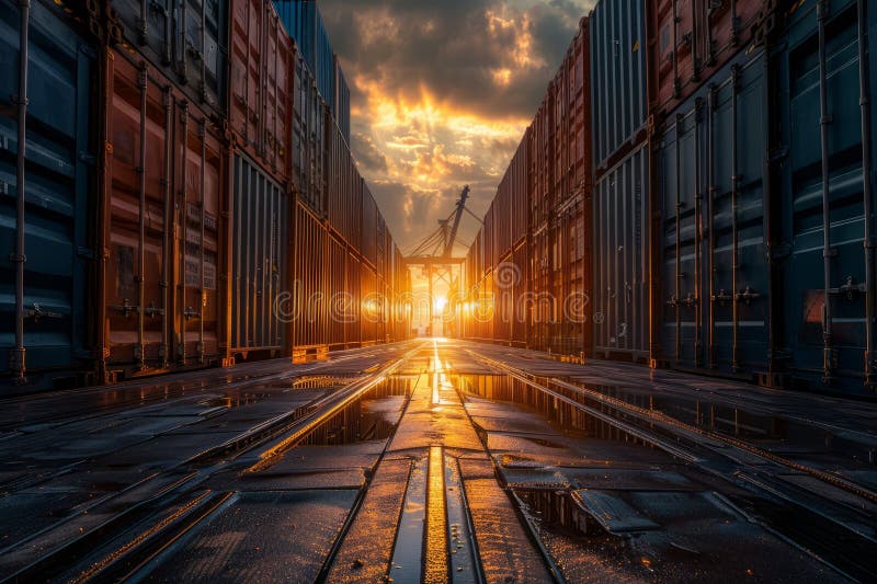 Row of Colored Cargo Containers on Both Sides at Sunset, Cargo ...
