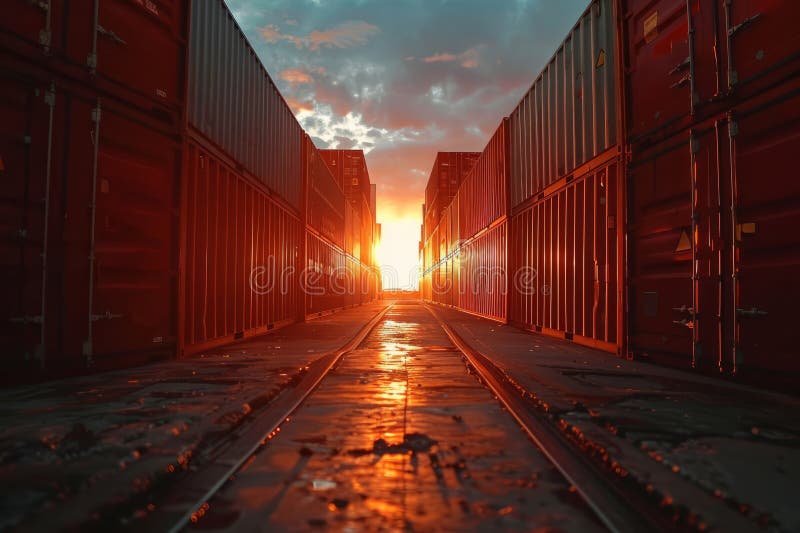 Row of Colored Cargo Containers on Both Sides at Sunset, Cargo ...