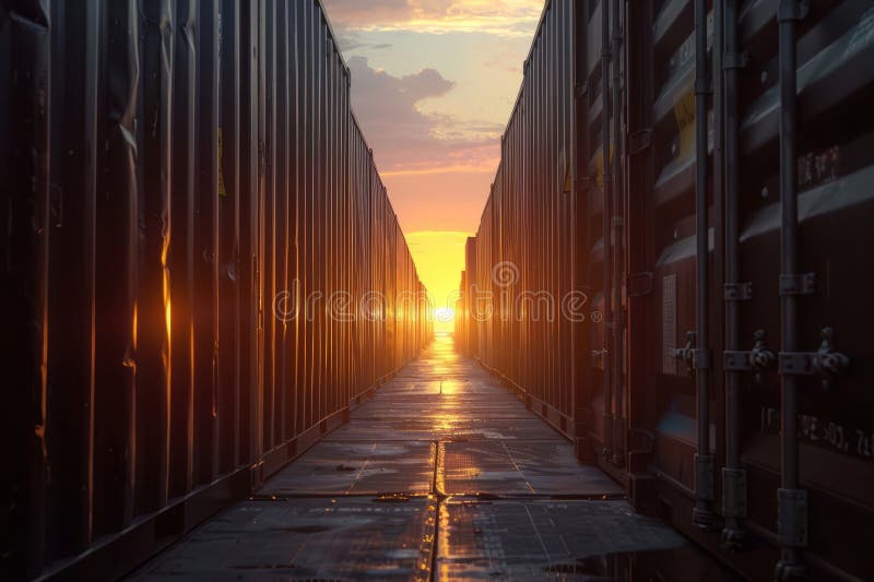 Row of Colored Cargo Containers on Both Sides at Sunset, Cargo ...