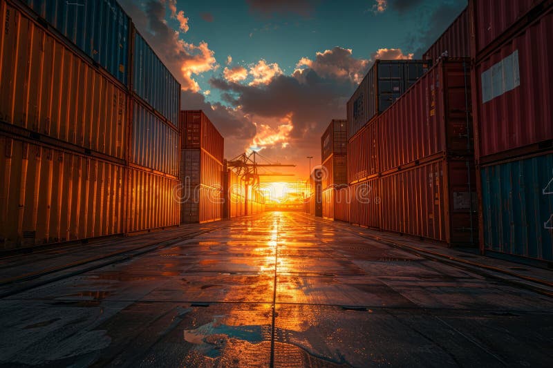 Row of Colored Cargo Containers on Both Sides at Sunset, Cargo ...