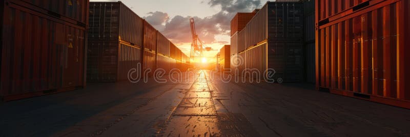 Row of Colored Cargo Containers on Both Sides at Sunset, Cargo ...