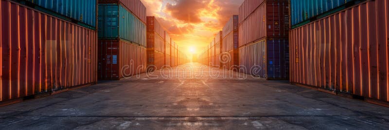 Row of Colored Cargo Containers on Both Sides at Sunset, Cargo ...