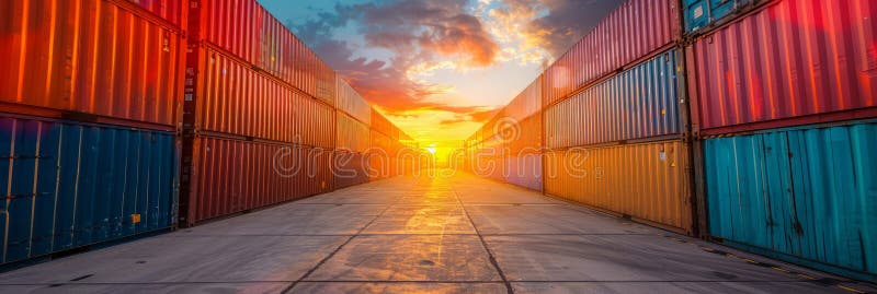 Row of Colored Cargo Containers on Both Sides at Sunset, Cargo ...