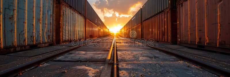 Row of Colored Cargo Containers on Both Sides at Sunset, Cargo ...