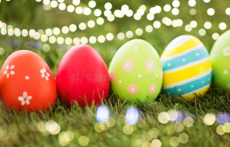 Row of Colored Easter Eggs on Artificial Grass Stock Image - Image of ...