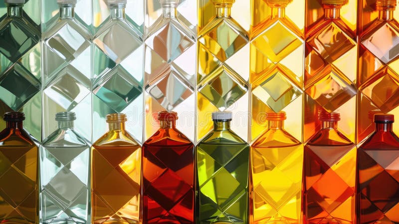 A Row of Colored Glass Bottles with Diamond-Shaped Patterns Stock ...