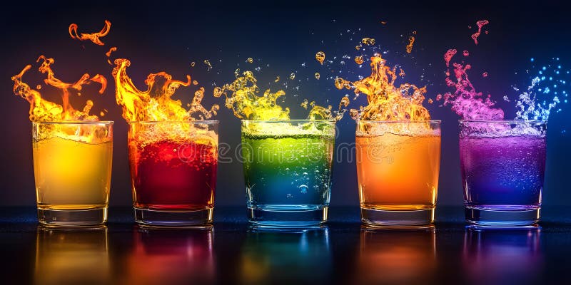 Row of Colored Liquids in Glasses Stock Illustration - Illustration of ...