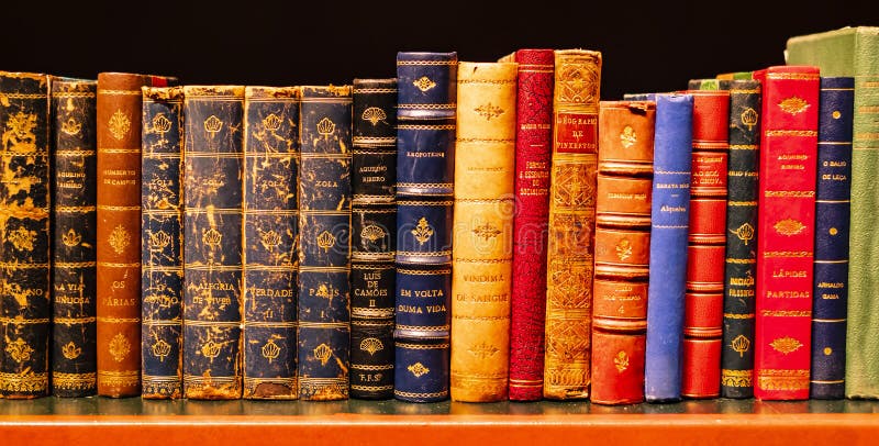 Row of Colored Old Books on a Wooden Shelf Stock Photo - Image of ...