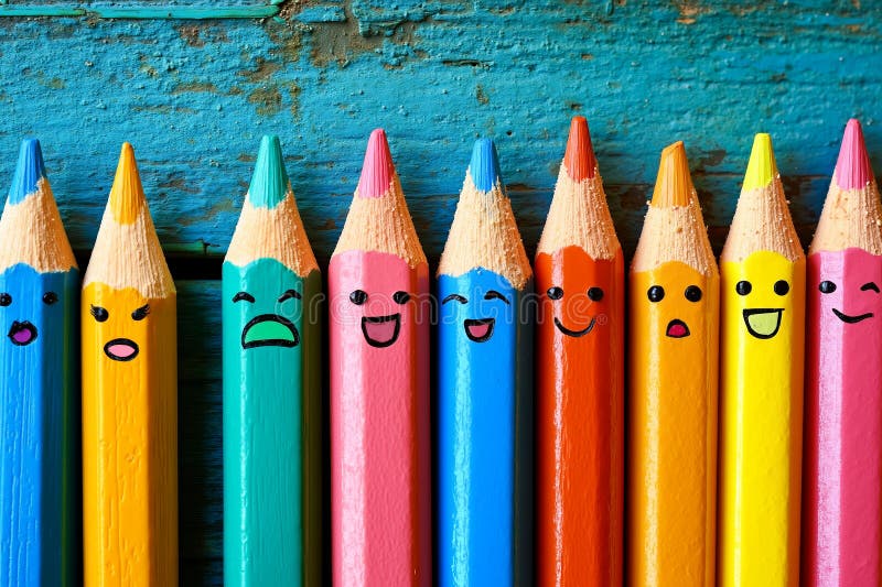A Row of Colored Pencils with Faces Drawn on Them Stock Image - Image ...