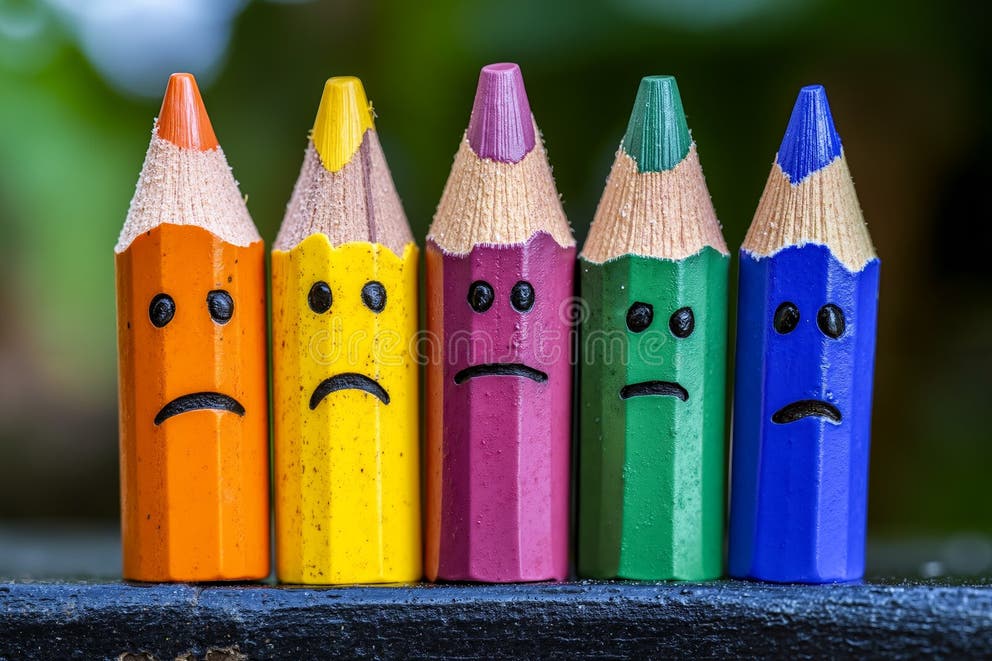 A Row of Colored Pencils with Faces Drawn on Them Stock Image - Image ...