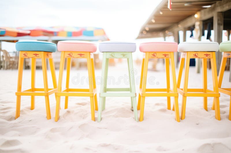 Row of Colorful Beach Bar Stools in the Sand Stock Image - Image of ...