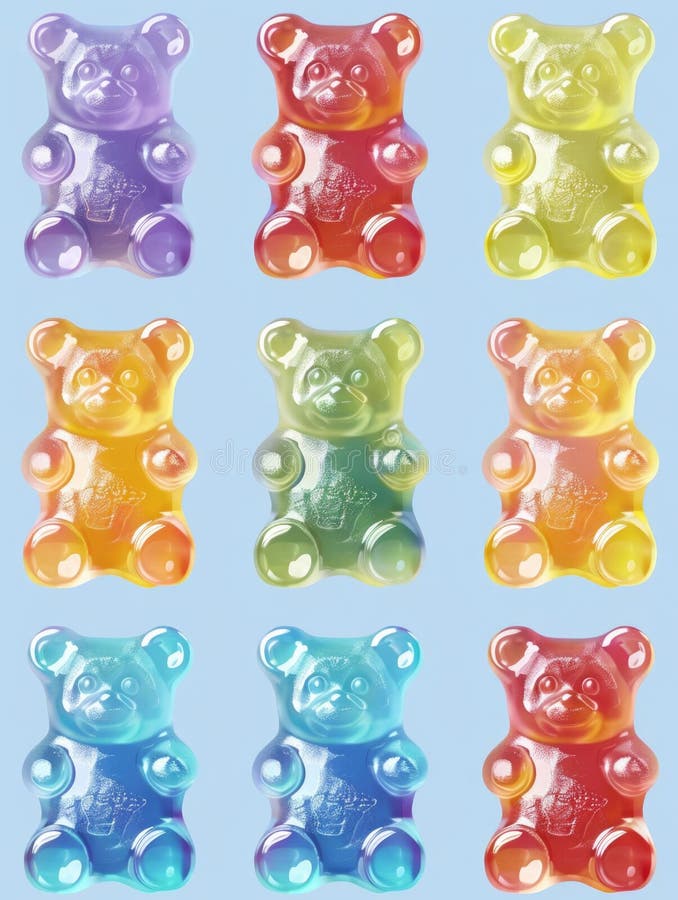 A Row of Colorful Bear Gummies with a Blue Background Stock Photo ...