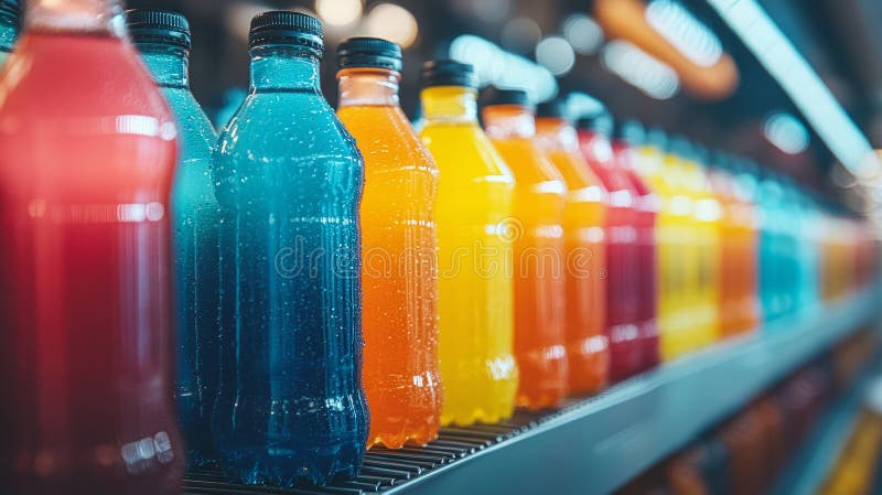 Row of Colorful Beverage Bottles on a Store Shelf. Stock Photo - Image ...