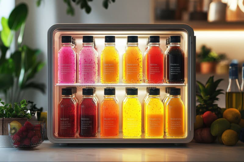 A Row of Colorful Bottles of Juice are Displayed in a Refrigerator ...