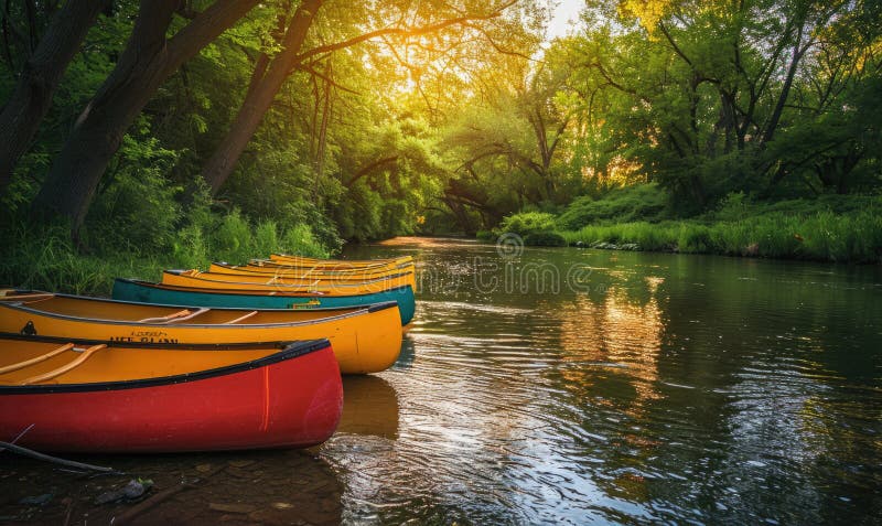 A Row of Colorful Canoes Parked beside a Sparkling Spring River Stock ...
