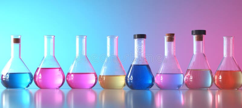 Row of Colorful Chemical Solutions in Laboratory Flasks with a Vibrant ...