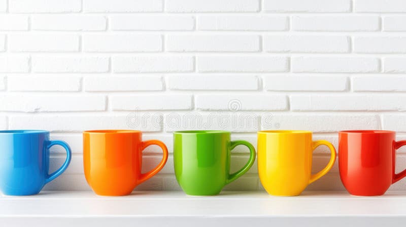 A Row of Colorful Coffee Mugs Lined Up on a Shelf, AI Stock ...