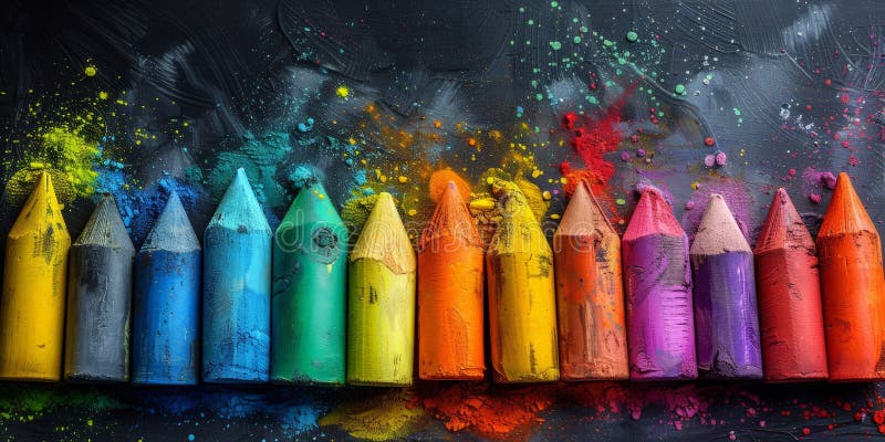 Row of Colorful Crayons on Dark Background with Scattered Chalk Dust ...