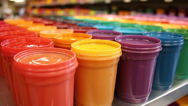 A Row of Colorful Cups Sitting on a Shelf in the Store, AI Stock ...