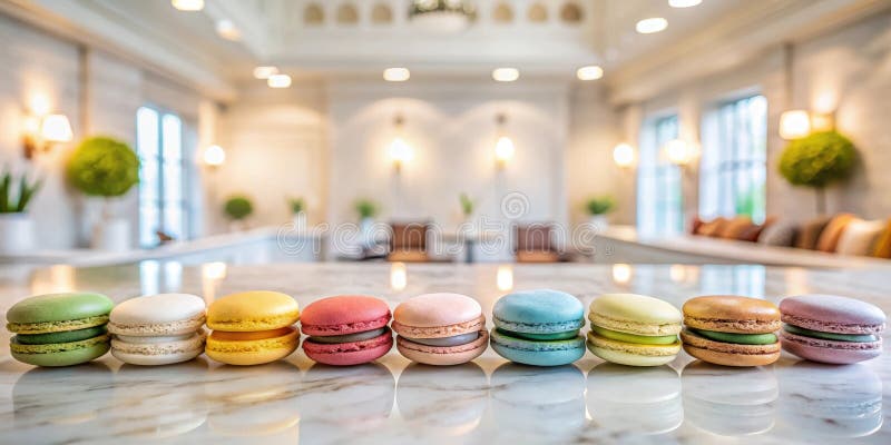 A Row of Colorful Delicate Pastries on a Marble Surface in a Bright ...