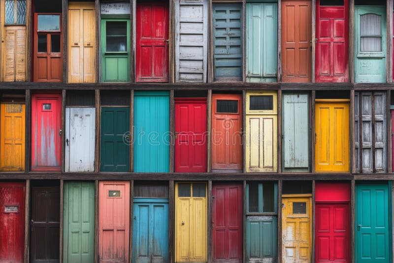A Row of Colorful Doors with a Green Door in the Middle Stock ...