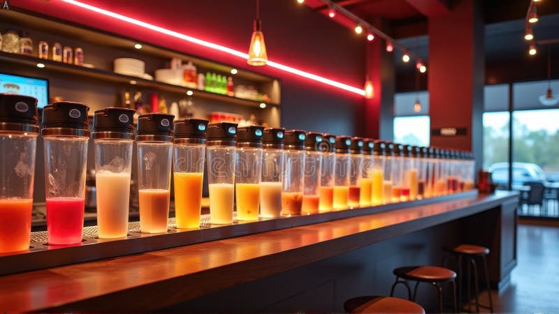 Row of Colorful Drinks in a Bar. Stock Illustration - Illustration of ...