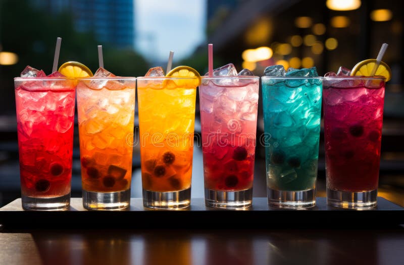 A Row of Colorful Drinks Sitting on Top of a Table. a Vibrant Display ...