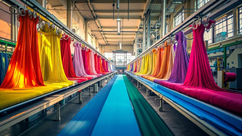 A Row of Colorful Fabrics on a Conveyor Belt in a Factory Stock Image ...